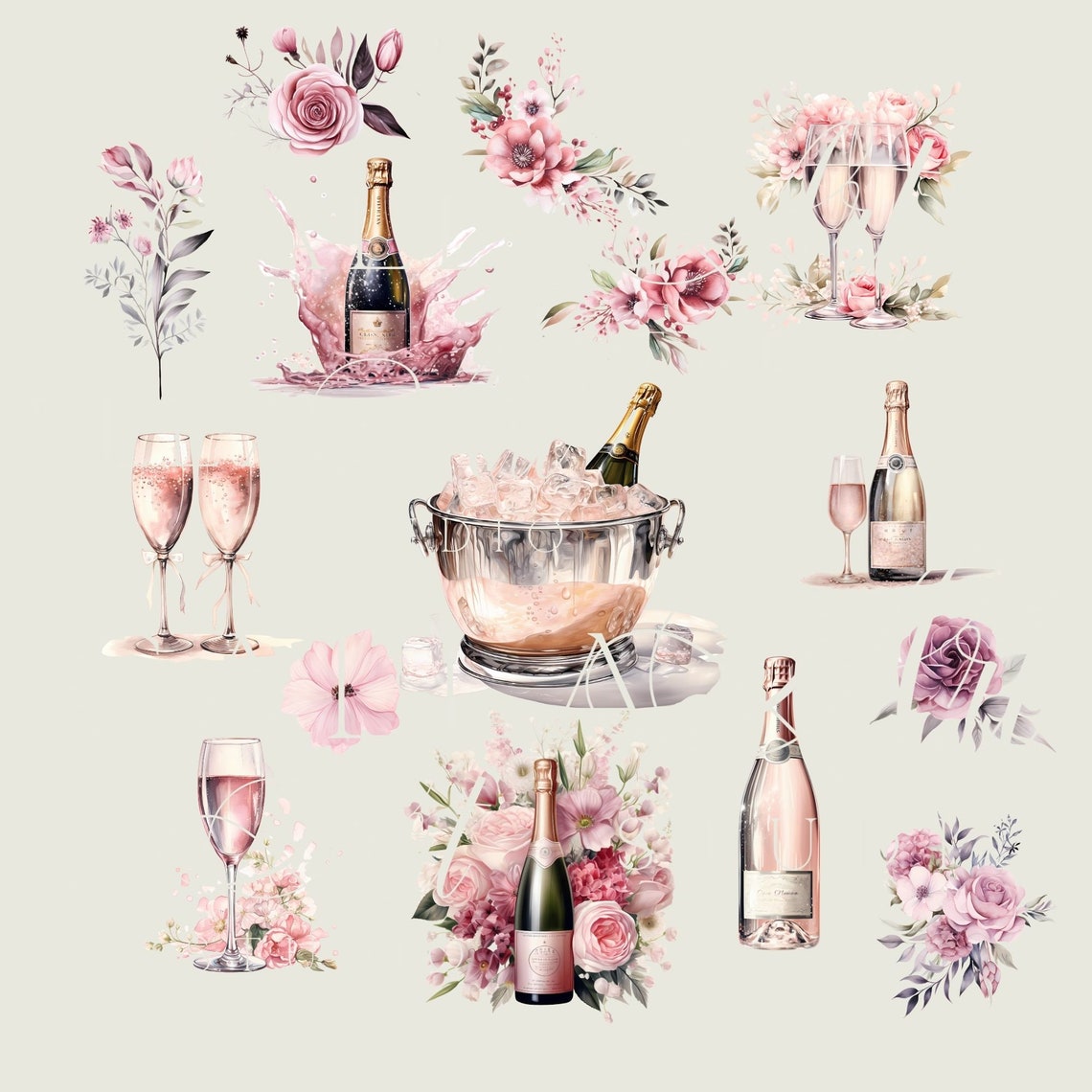 Watercolor Champagne Clipart Bundle, Romantic Clip Art, Celebration ...