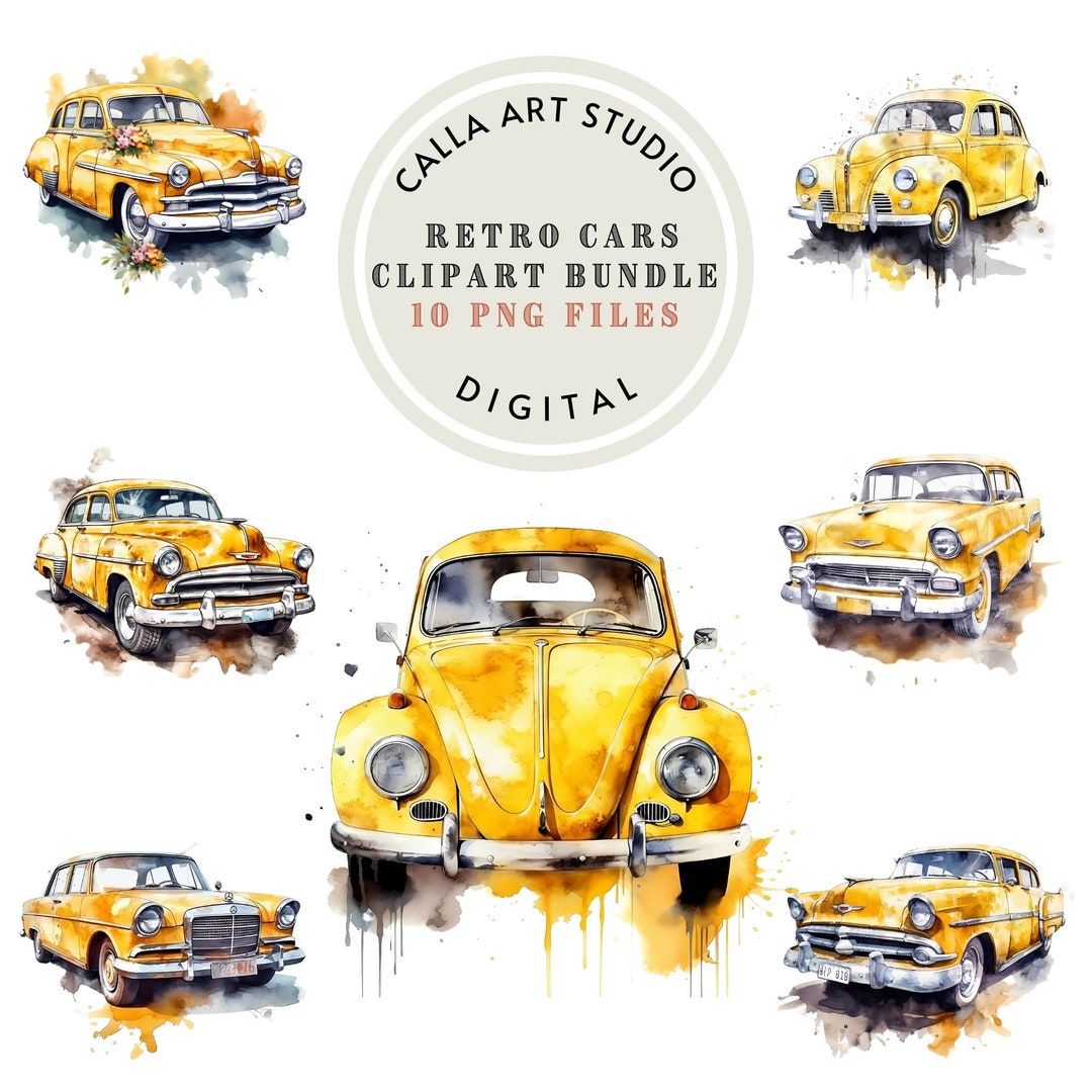 Retro Car Watercolor Clipart Bundle Car PNG Watercolor Car Clipart for ...