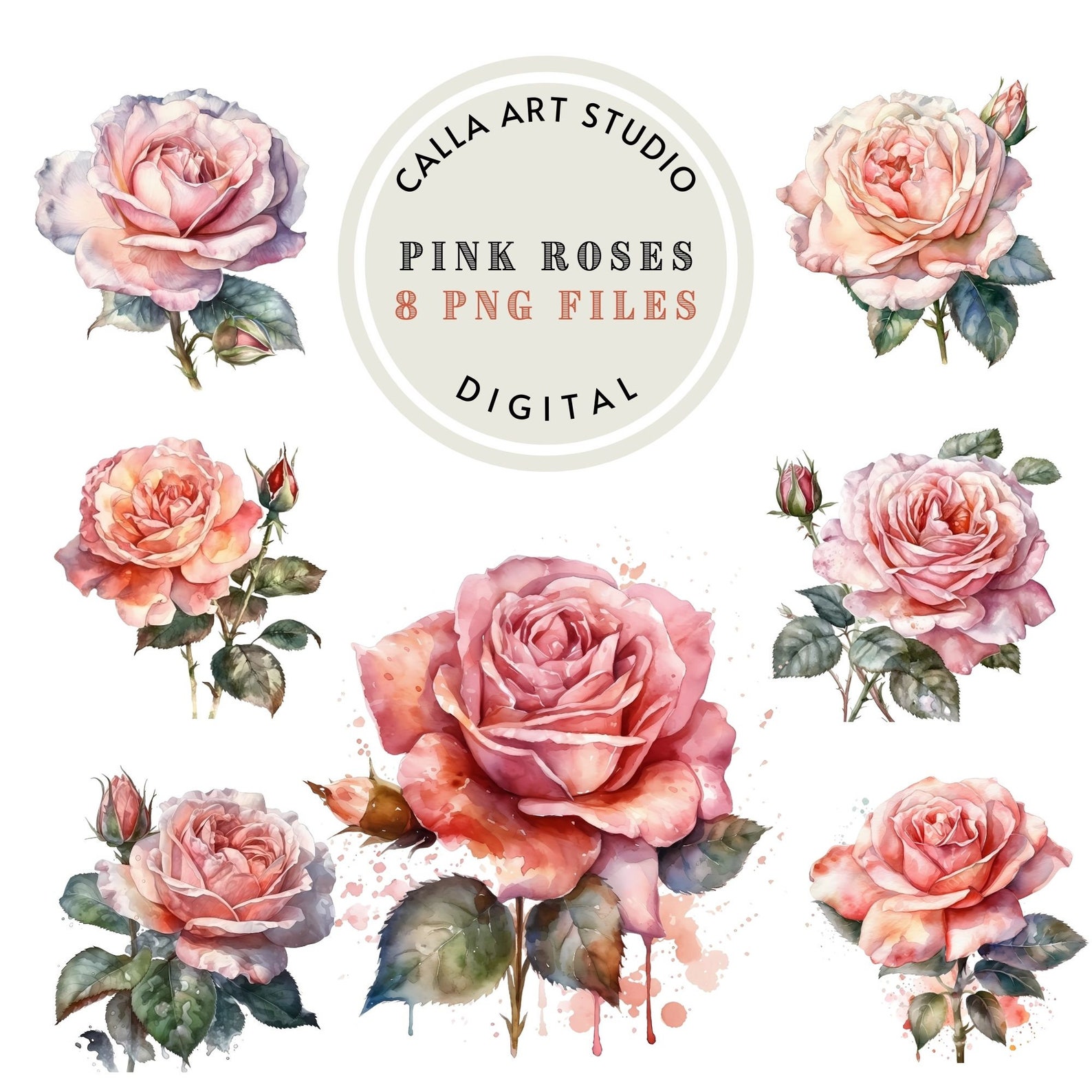 Watercolor Pink Rose Clipart Bundle Flower Clipart Pink Flower Png Rose ...
