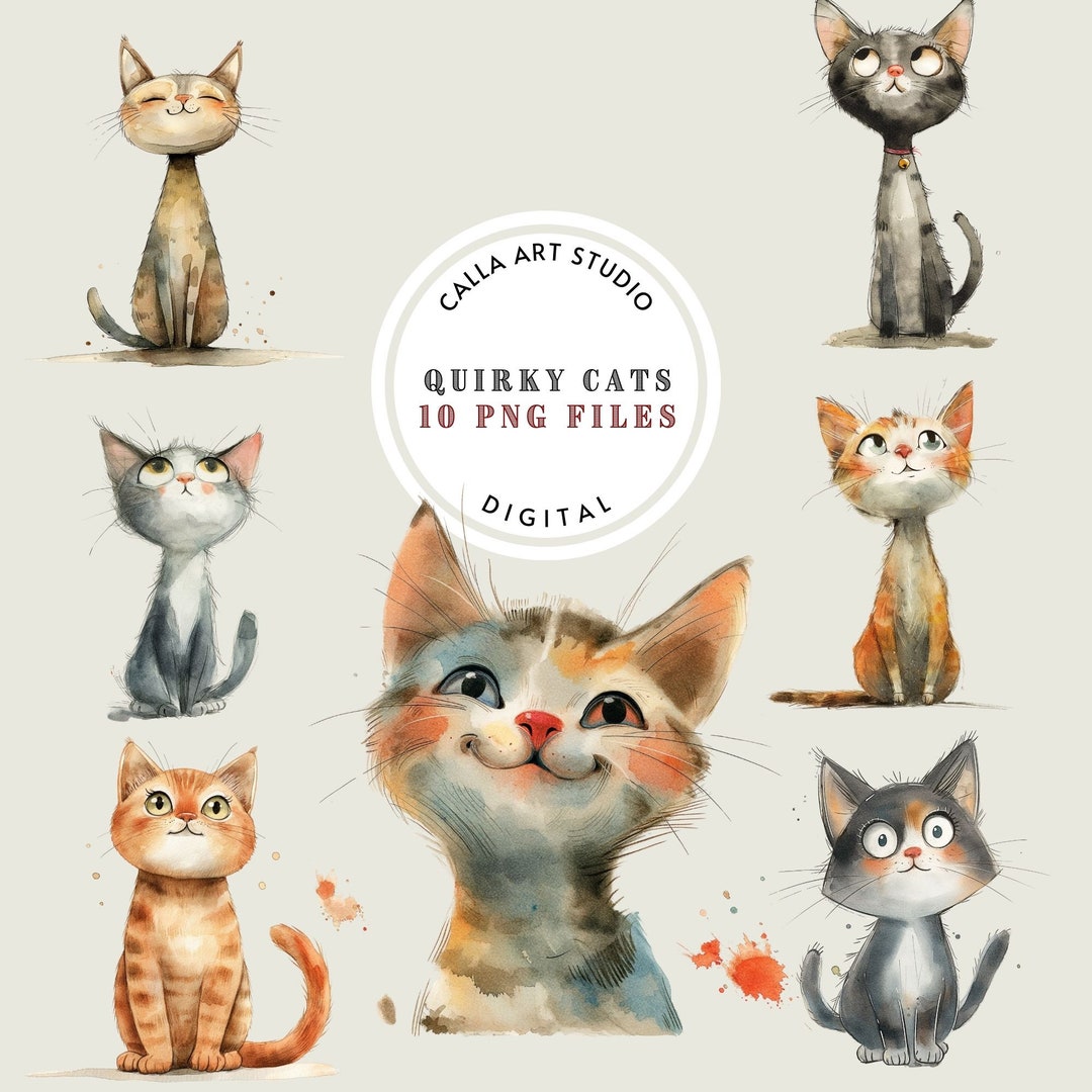 Quirky Cats Watercolor Clipart, Funny Cat Illustrations, Card Making ...