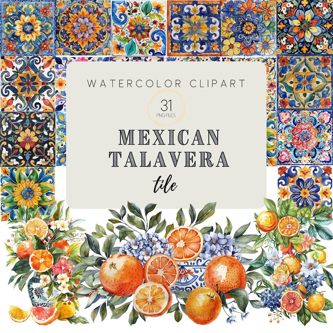 Mexican Talavera Tile Clipart Bundle, Watercolor Spanish Ceramic ...