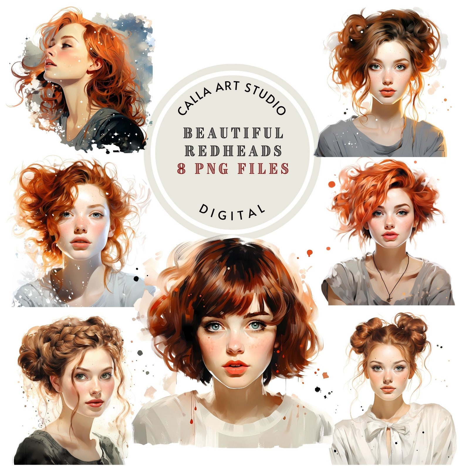 Red Hair Girls Watercolor Clipart Set, Transparent PNG, Digital ...