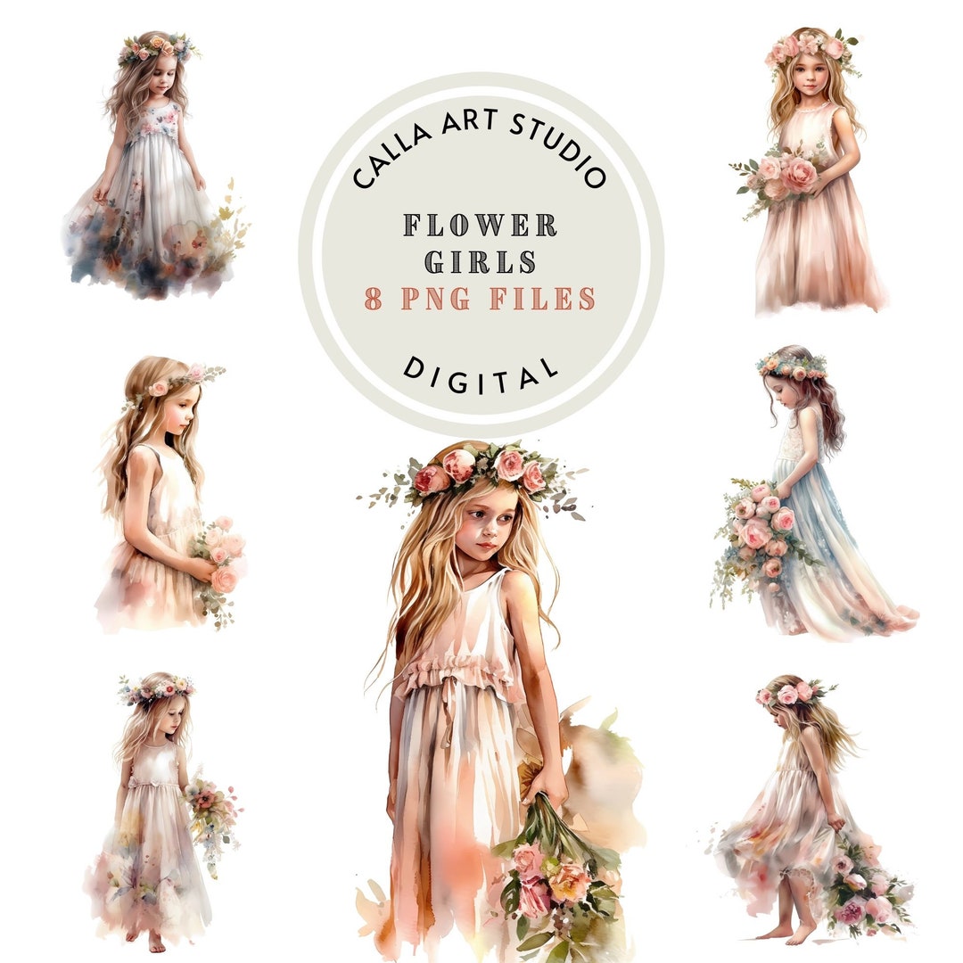 Flower Girls Watercolor Clipart Bundle Cute Girl Png People Wedding ...