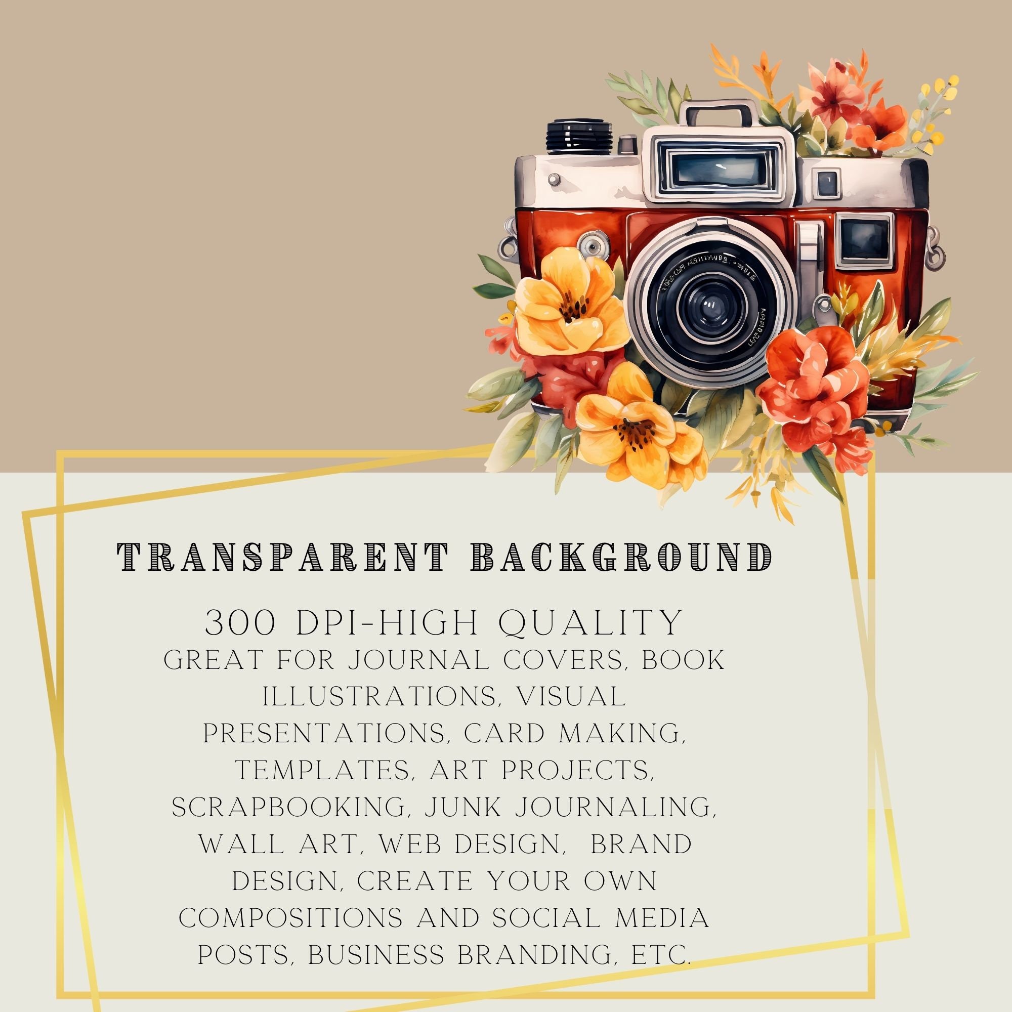 Floral Vintage Camera Clipart, Watercolor Camera PNG, Retro Camera ...