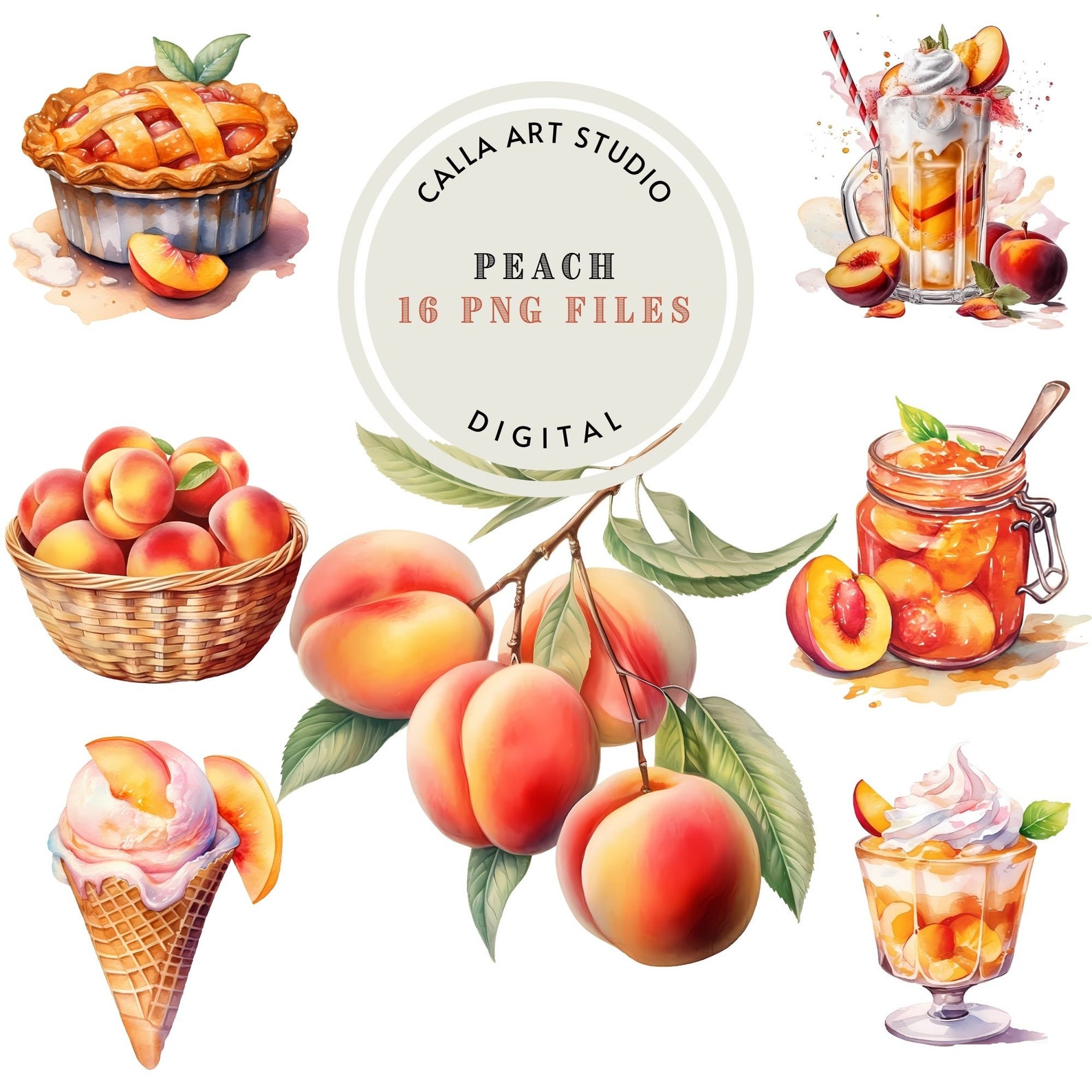 Watercolor Peach Clipart Bundle for Cards Recipes Nursery Decor Digital ...