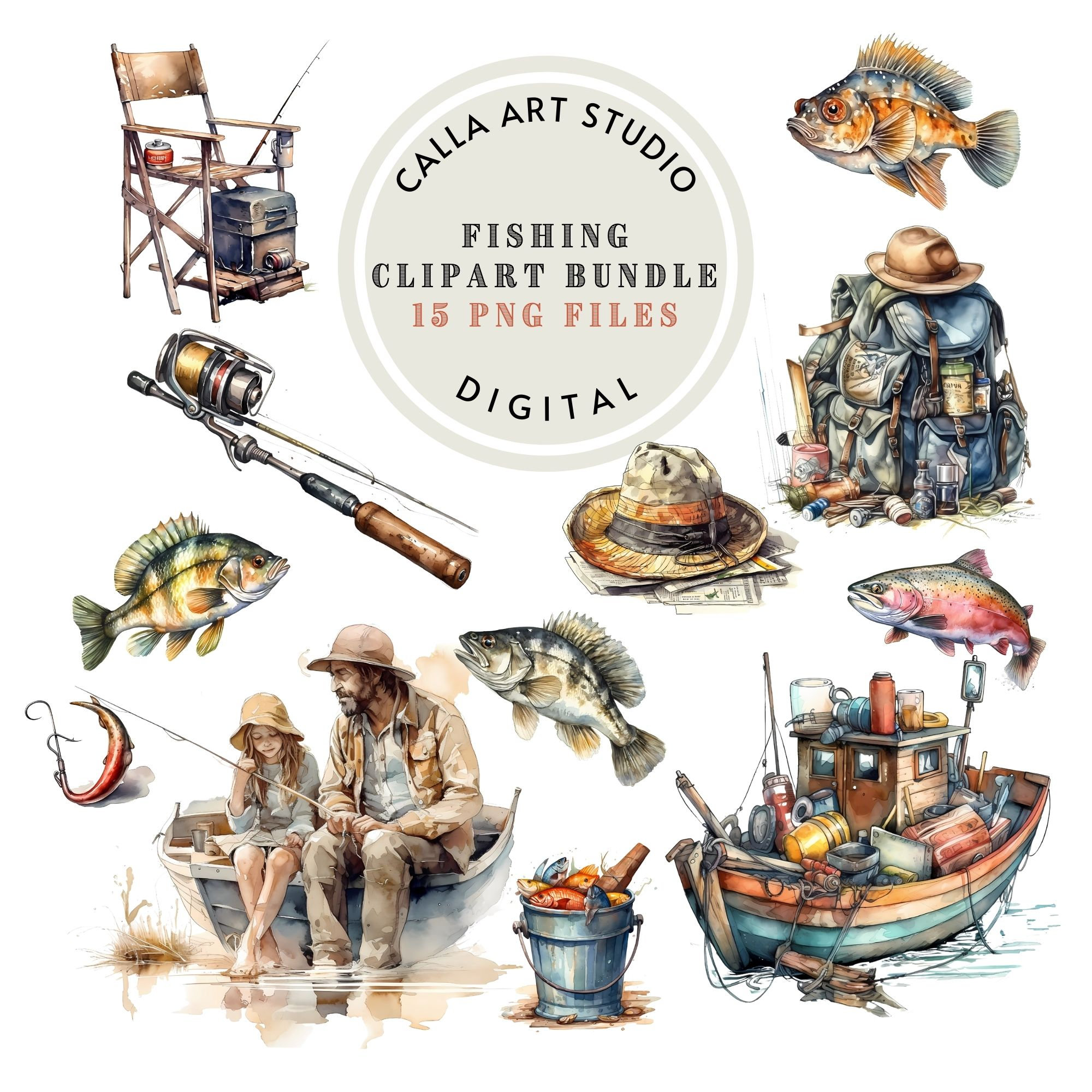 Watercolor Fishing Clipart Bundle Fathers Day Gift Fishing Clipart Fish ...