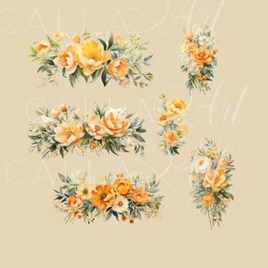 Sunny Orange Yellow Floral Clipart, Bright Summer Watercolor Flowers ...