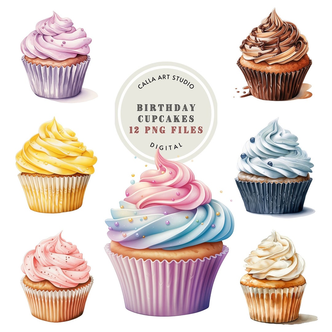 Birthday Cupcakes Clipart, Watercolor Clip Art, PNG Images for Cards ...