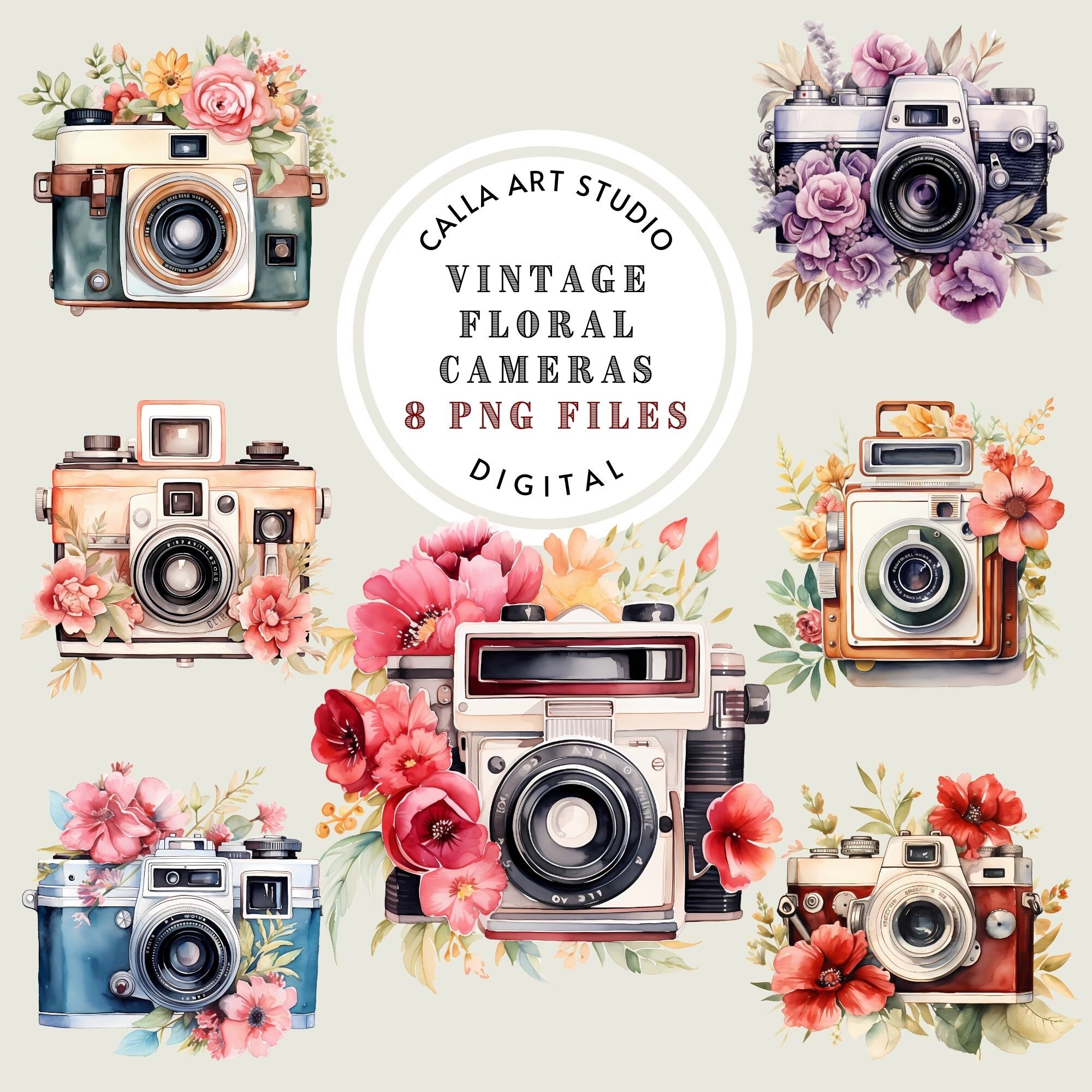 Floral Vintage Camera Clipart, Watercolor Camera PNG, Retro Camera ...