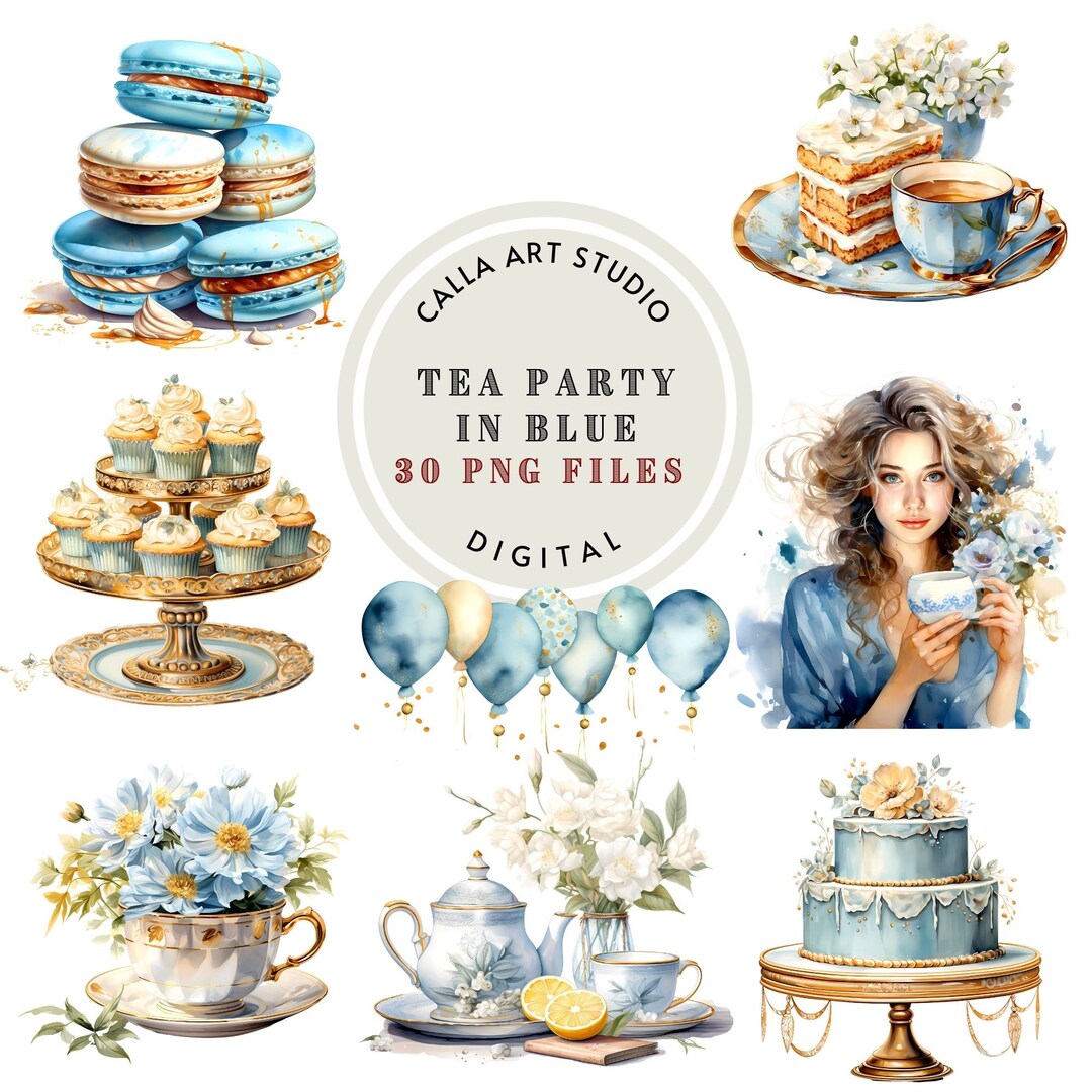 Watercolor Tea Party Clipart Bundle, Blue Florals Clip Art, Birthday ...