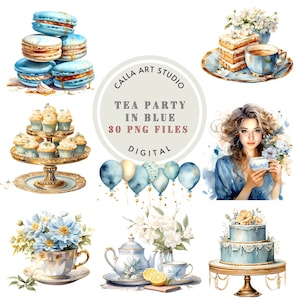Watercolor Tea Party Clipart Bundle, Blue Florals Clip Art, Birthday ...