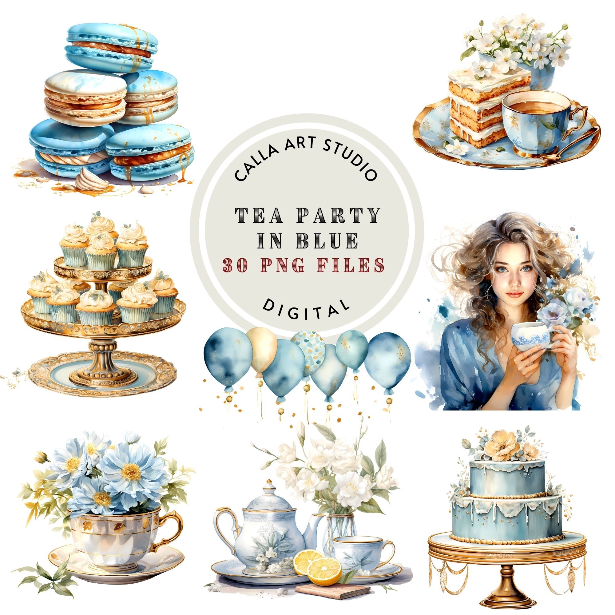 Watercolor Tea Party Clipart Bundle, Blue Florals Clip Art, Birthday ...