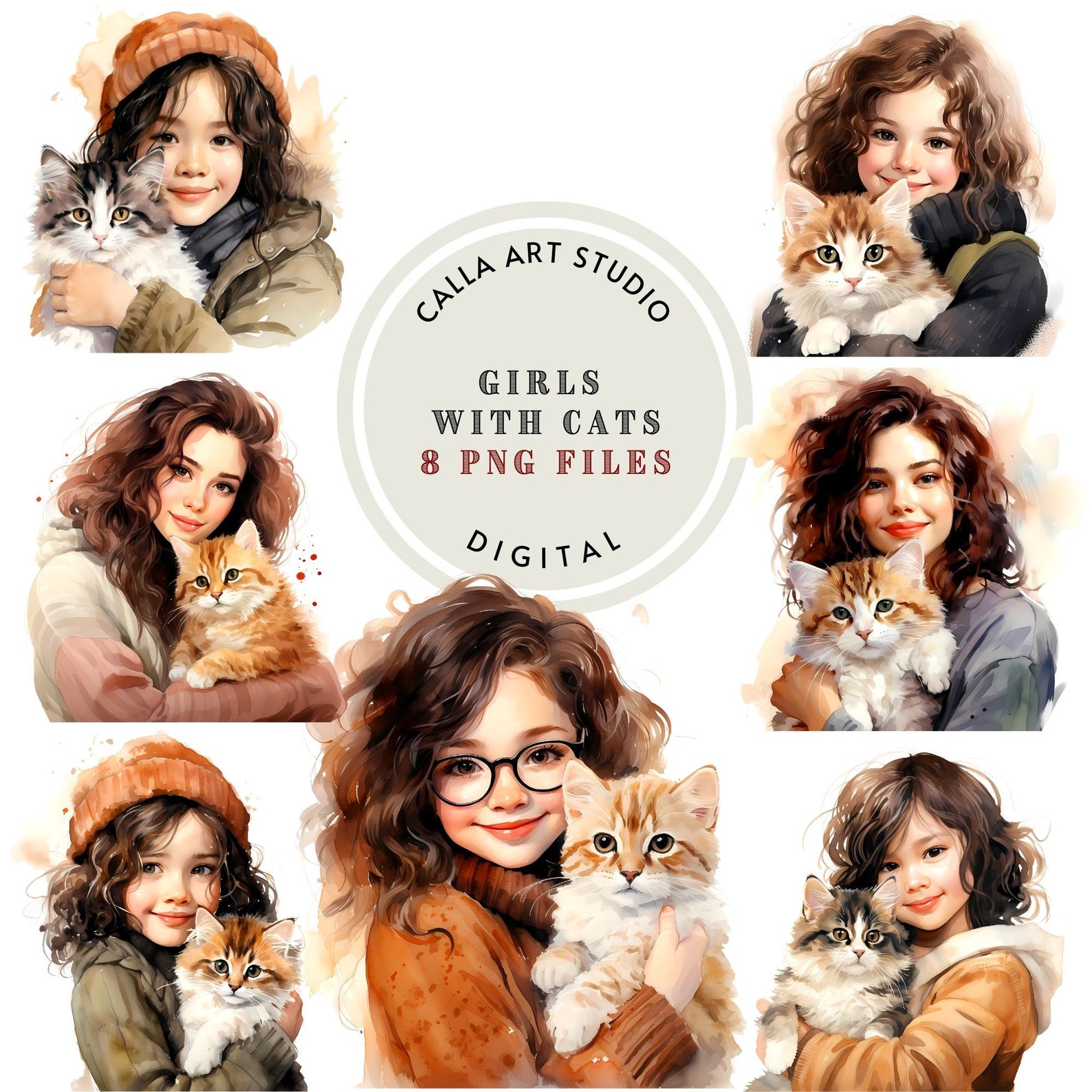 Watercolor Girls With Cats Clipart Bundle, Cat Lover Illustrations ...