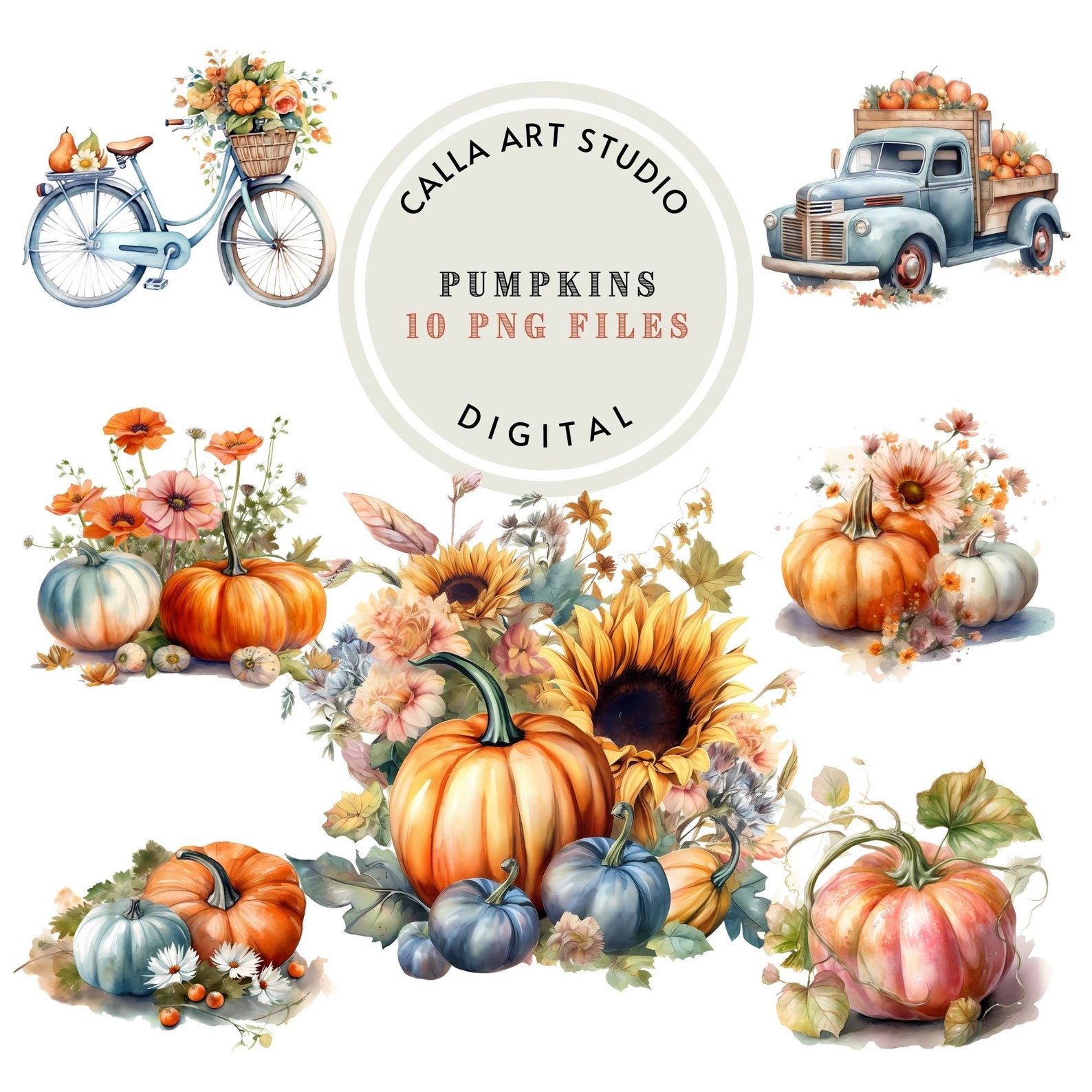 Pumpkin Clipart Bundle Autumn Floral Clipart Watercolor Botanical Png ...