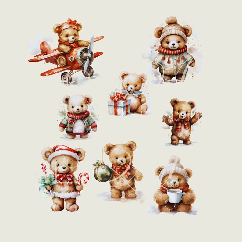 Watercolour Christmas Bear Clipart, Xmas Teddy Bears PNG, Winter Clip ...