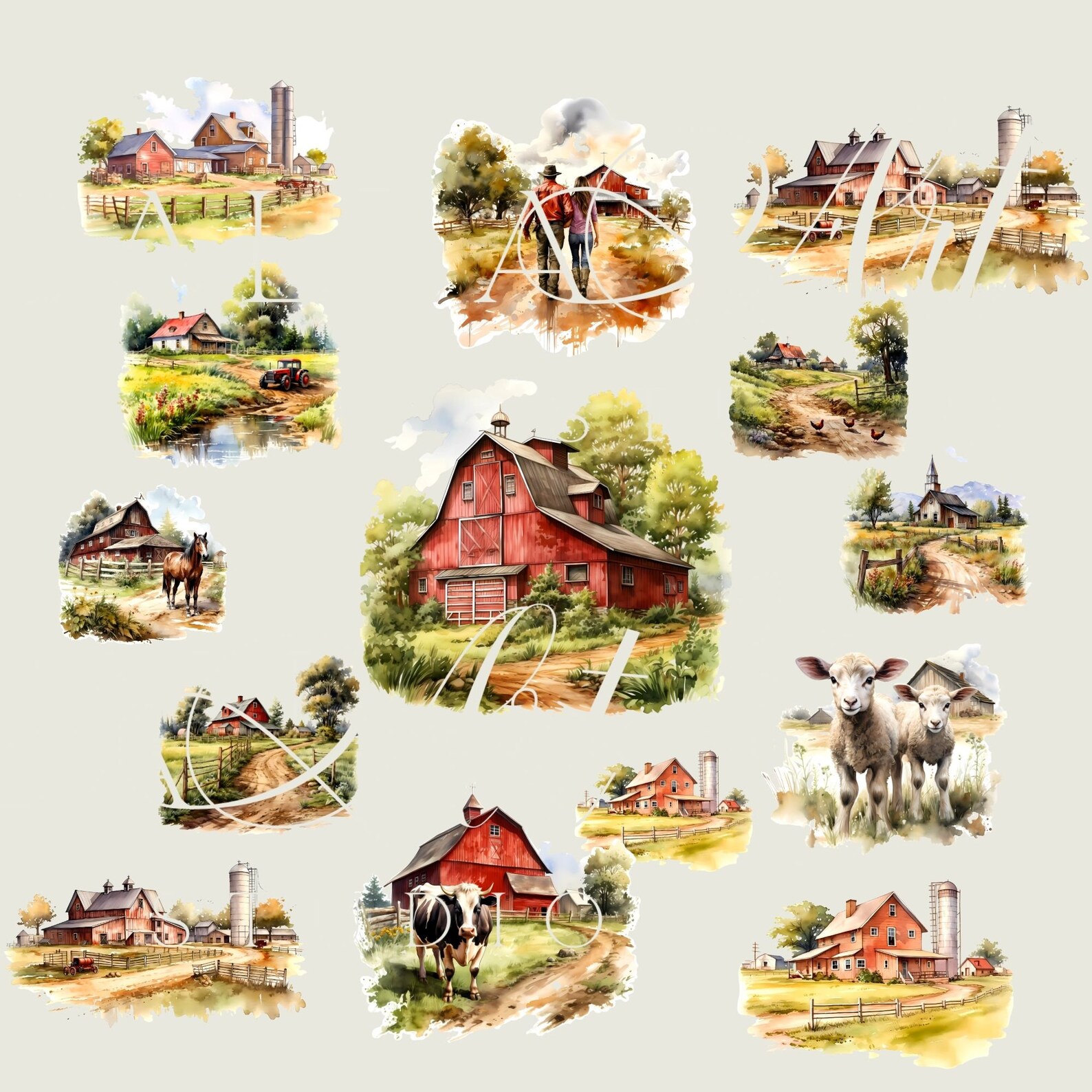 Farm Scene Watercolor Clipart Bundle, Red Barn PNG, Digital Download ...