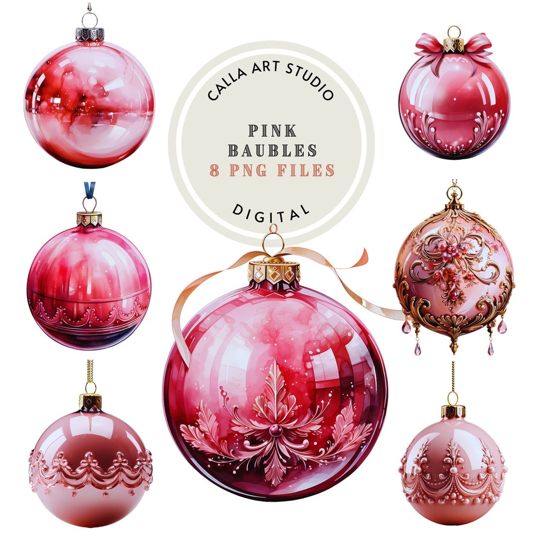 Watercolor Pink Baubles Clipart Bundle, Christmas Tree Ornament ...