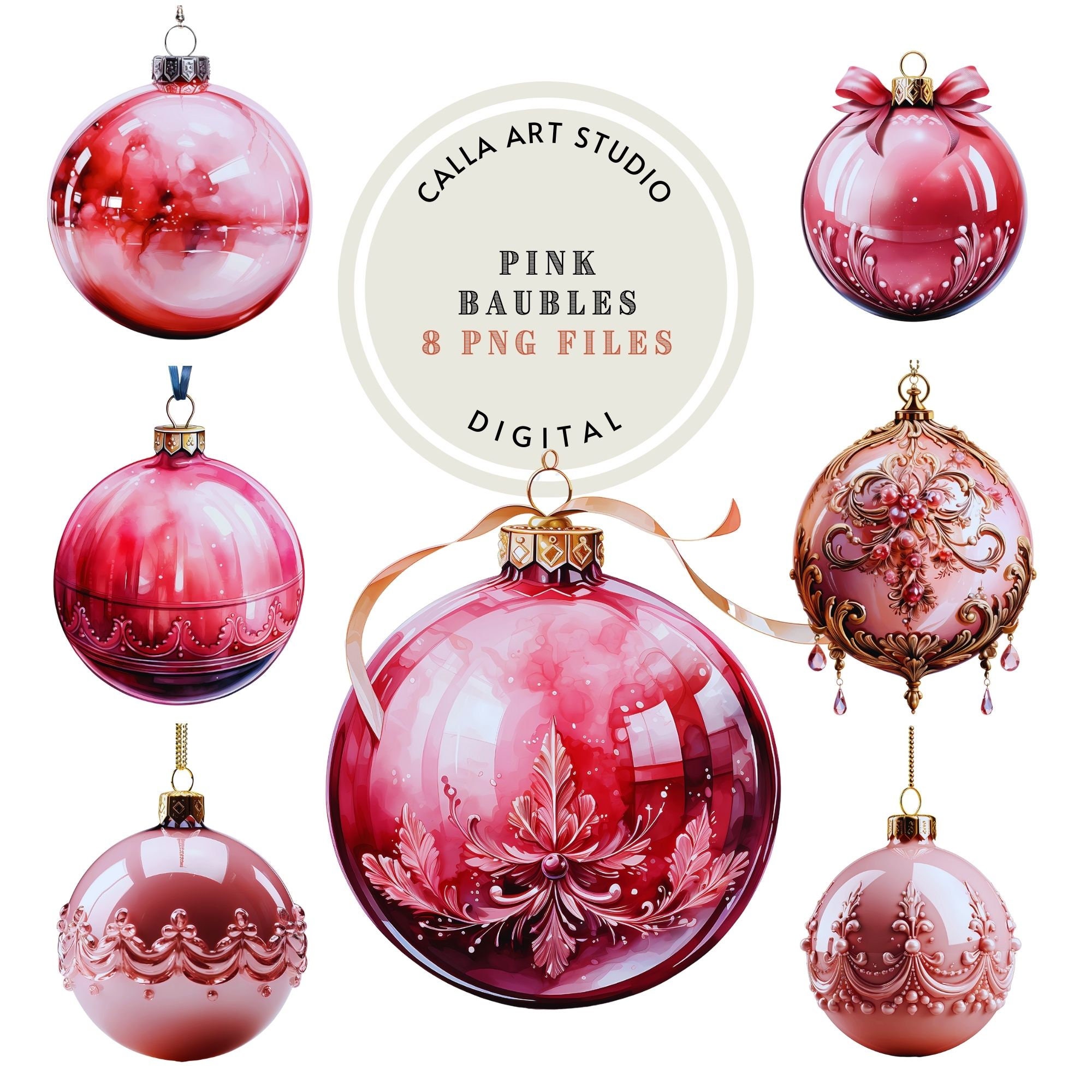Watercolor Pink Baubles Clipart Bundle, Christmas Tree Ornament ...