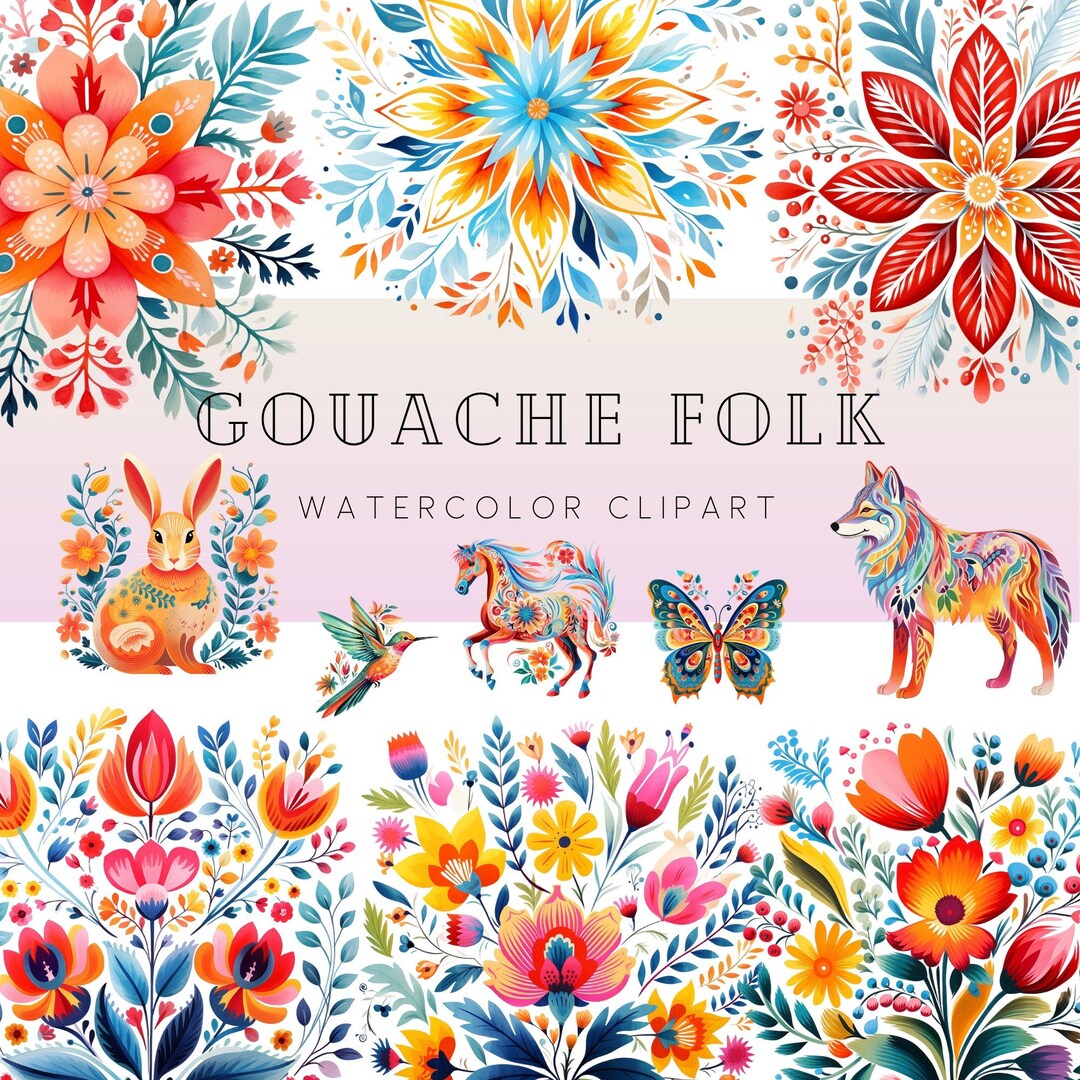 Gouache Folk Clipart Bundle, Rustic Animal Clipart, Bohemian Floral ...