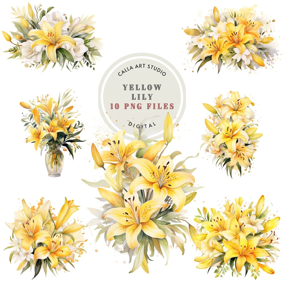 Yellow Lilies Watercolor Clipart, Lily Flower Bouquets, Floral Graphics ...