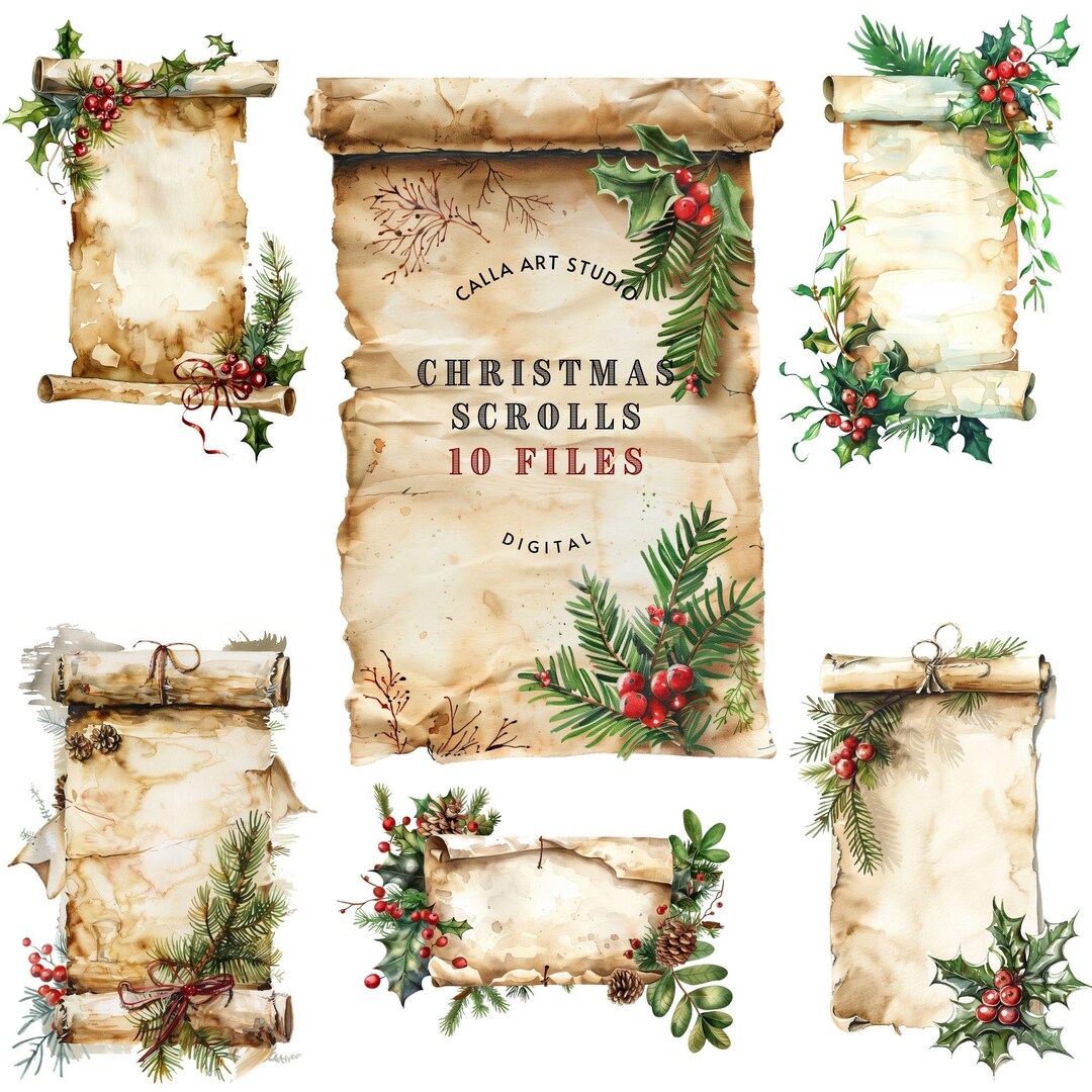 Christmas Scroll Watercolor Clipart, Winter Holiday Clipart, Card ...