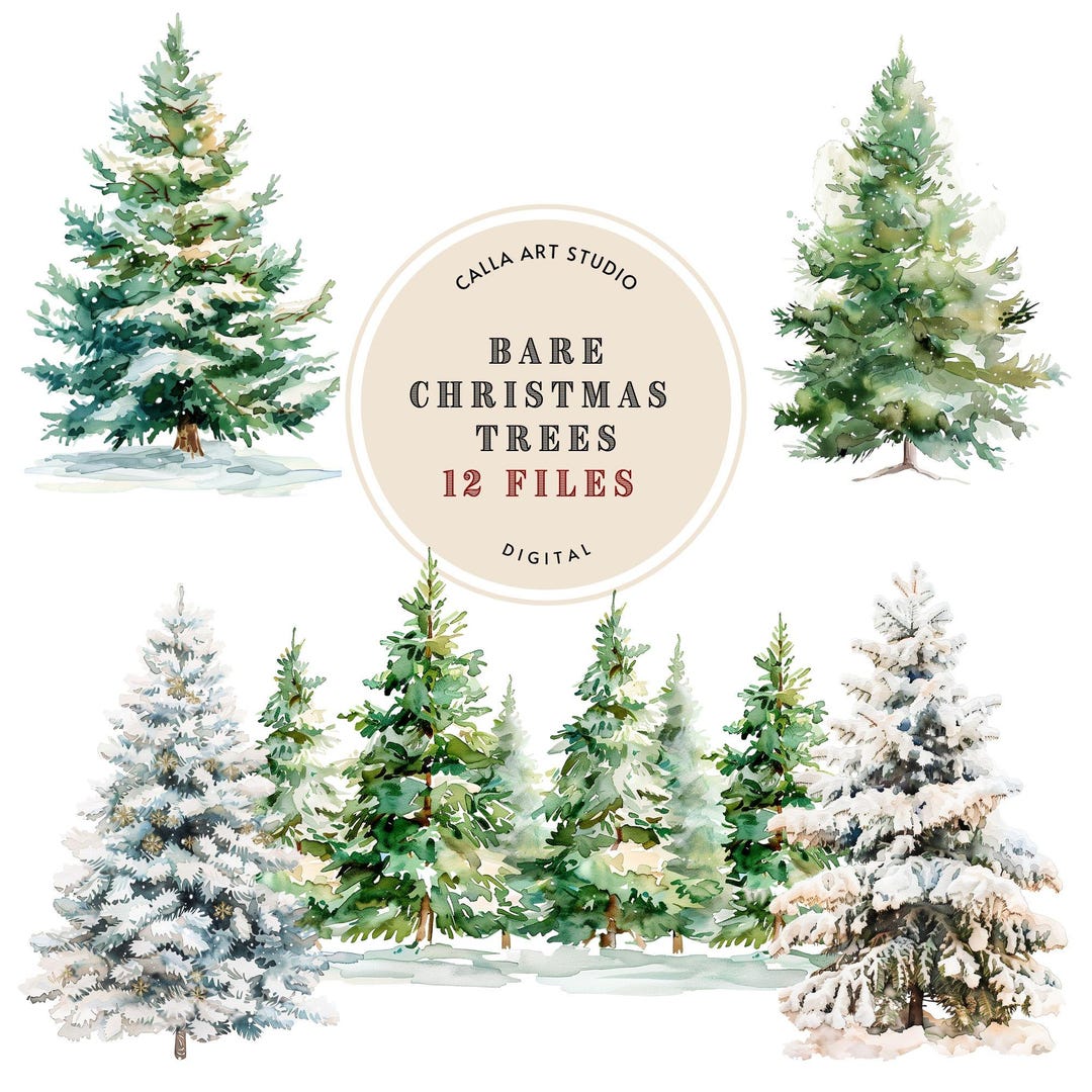 Watercolor Christmas Tree Clipart, Winter Holiday Clip Art, Card Making ...