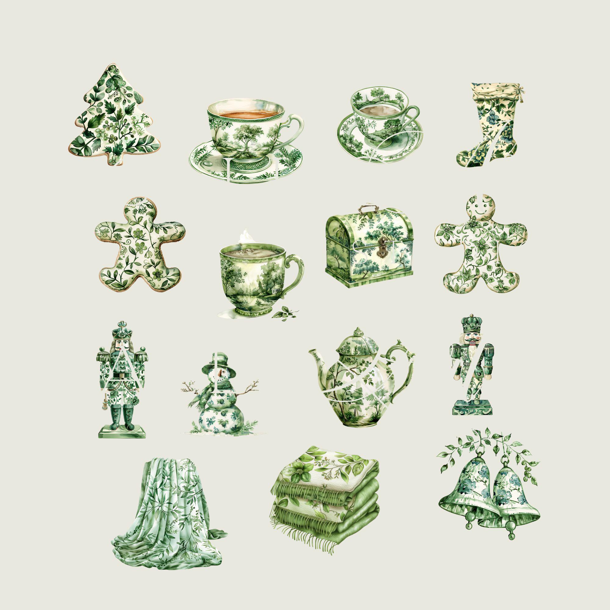 Christmas Toile Clipart Holiday, Green Festive Clipart, Chinoiserie PNG ...
