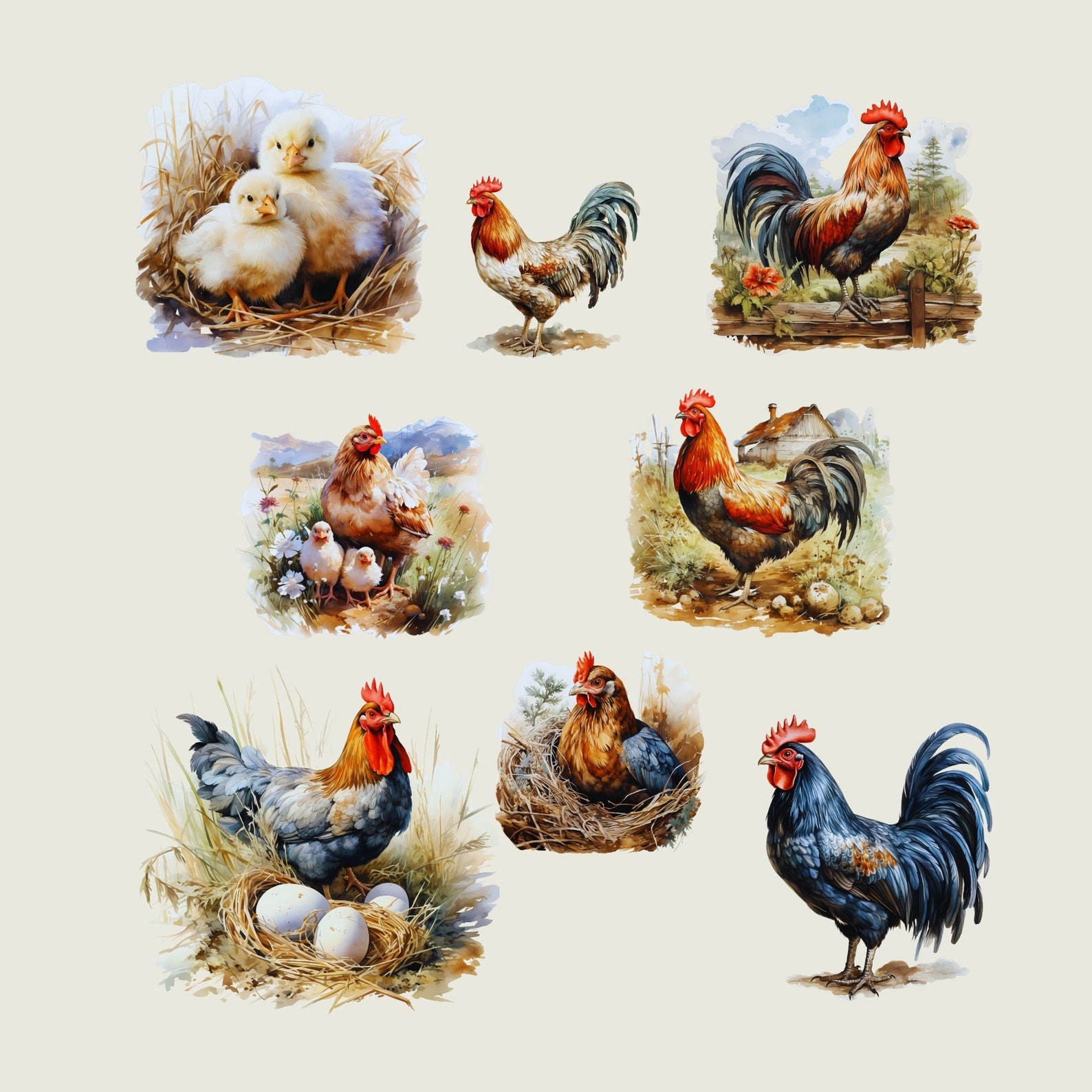 Watercolor Chicken Clipart Roosters PNG Farm Animals Clip Art Hen ...
