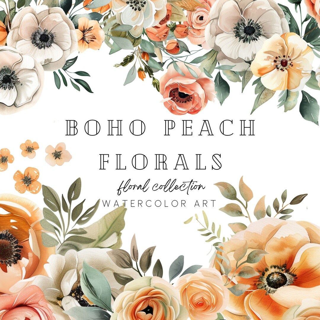 Boho Watercolor Floral Clipart, Peach Cream Florals, Wedding Clipart ...
