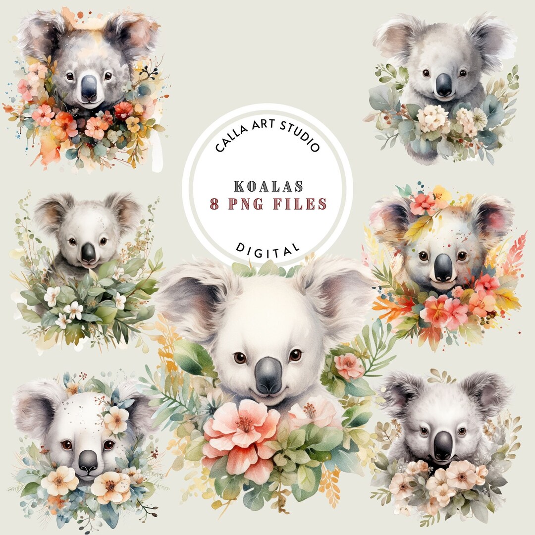 Watercolor Koalas Clipart, Cute Koala Illustrations With Flowers for ...