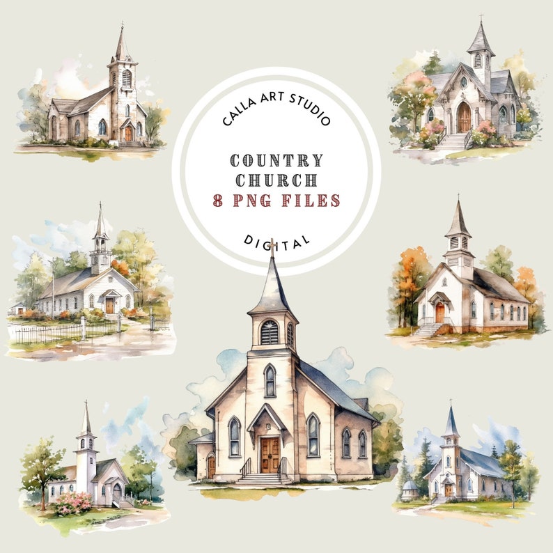Watercolor Church Clipart, Old Chapel, Retro Style Graphics, Buildings ...