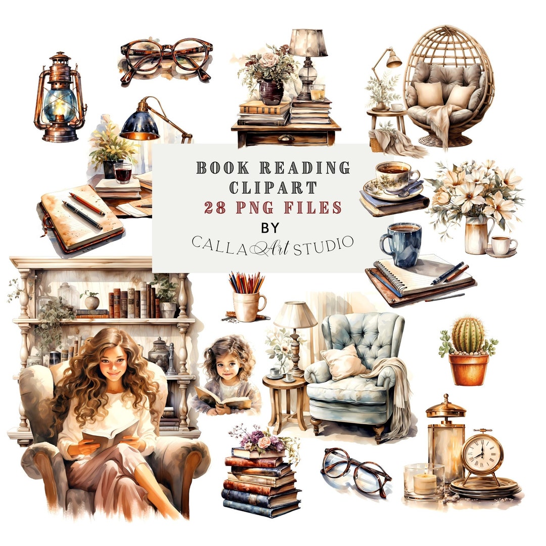 Book Reading Watercolor Clipart Bundle, Bookworm PNG, Book Lover ...