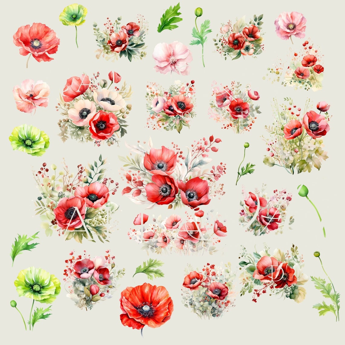 Watercolor Poppy Clipart, Watercolor Floral Clipart, Red Flowers, Pink ...