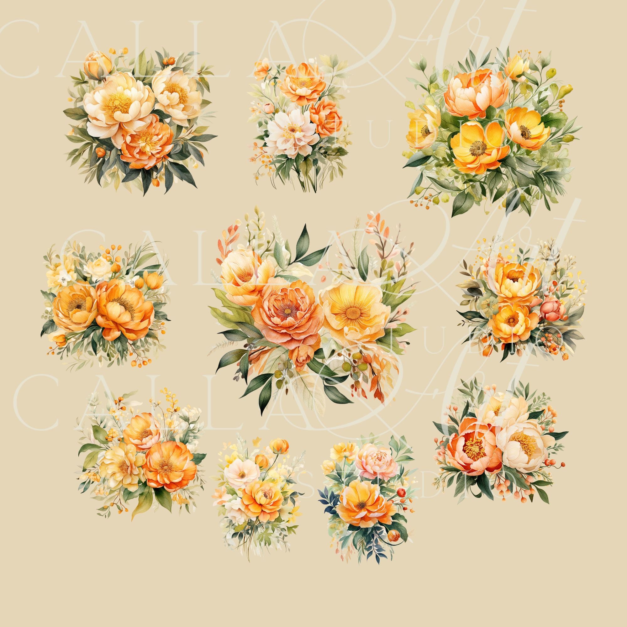Sunny Orange Yellow Floral Clipart, Bright Summer Watercolor Flowers ...