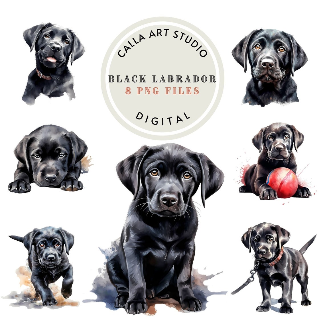 Black Labrador Dog Clipart Watercolor Bundle PNG Puppy Digital Portrait ...