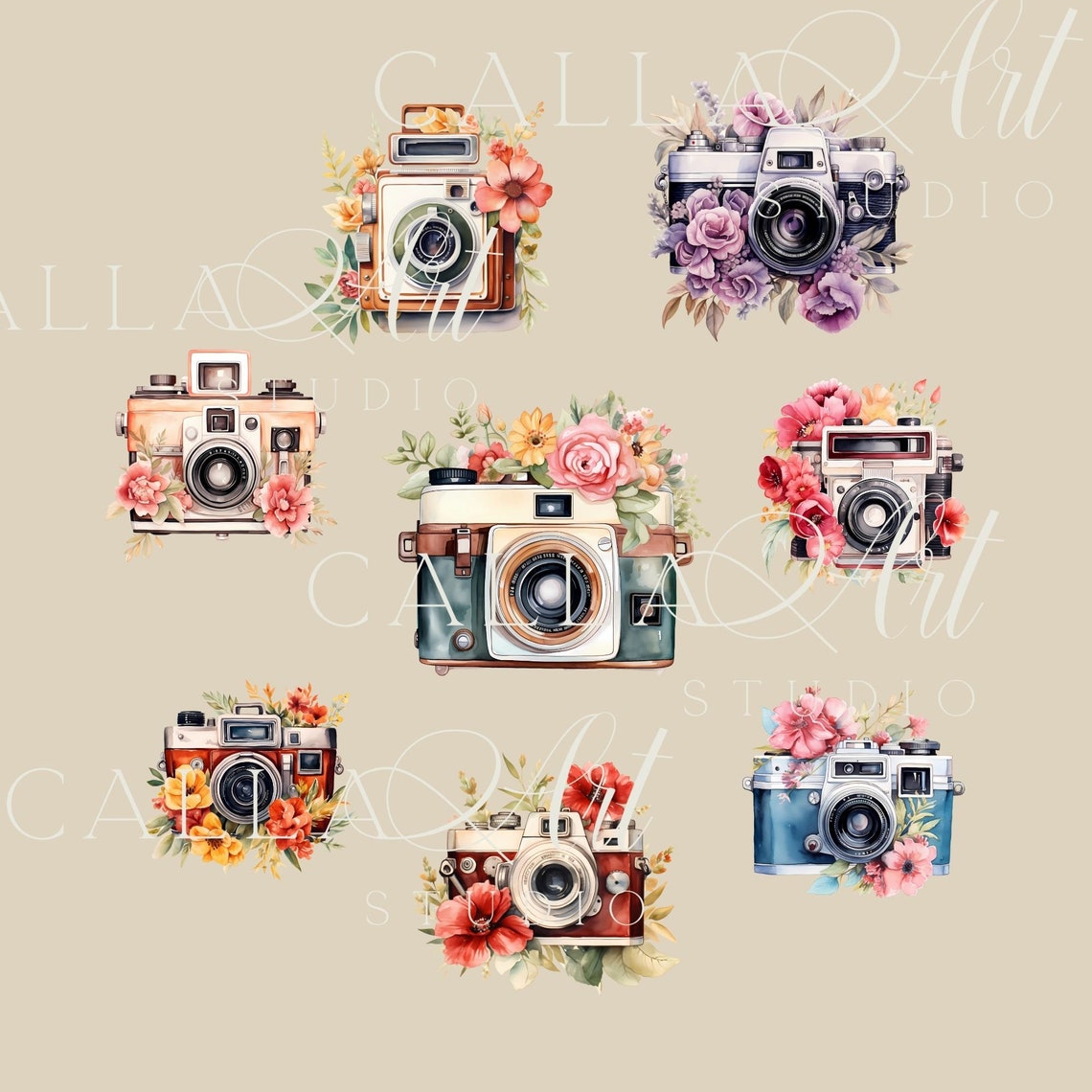 Floral Vintage Camera Clipart, Watercolor Camera PNG, Retro Camera ...