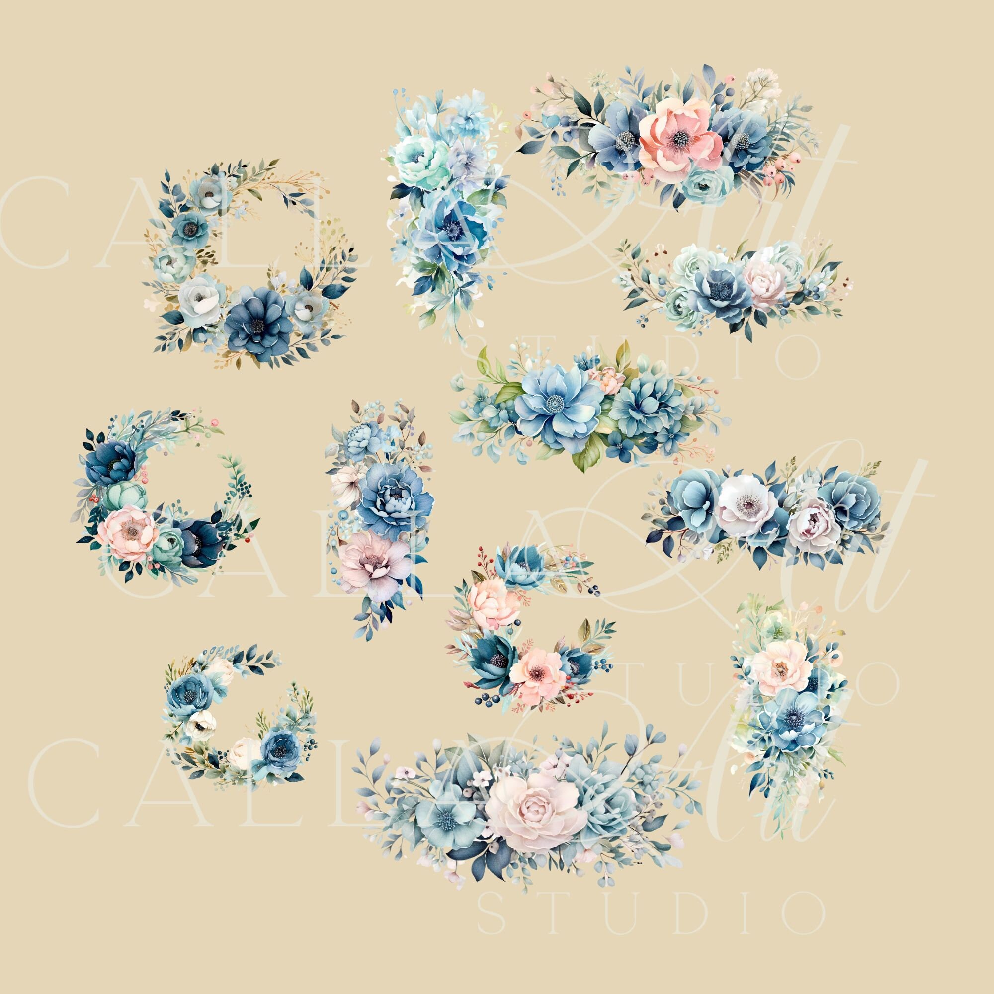 Watercolor Blue Pink Floral Clipart for Wedding Card, Floral Bouquets ...