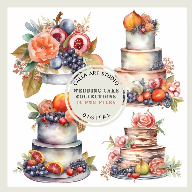 Watercolor Cake Clipart, Wedding Cake, Dessert Clipart, Cardmaking Pngs ...