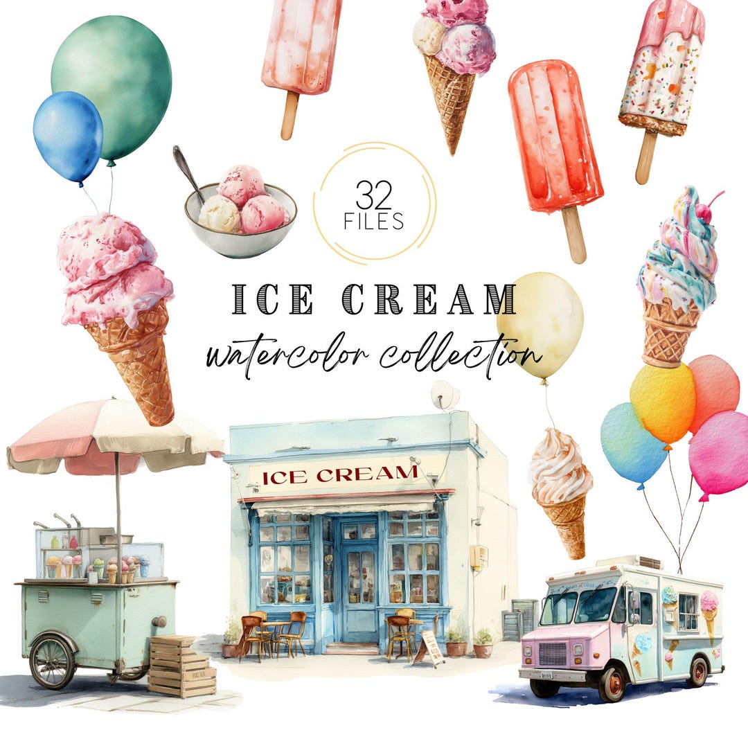Ice Cream Watercolor Clipart, Sweet Treats PNG, Popsicle, Cones, Shops ...