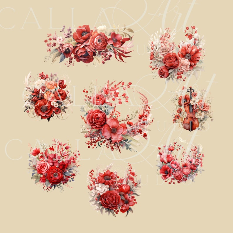 Romantic Red Floral Bouquets Clipart Pack, Watercolor Wedding Flowers ...