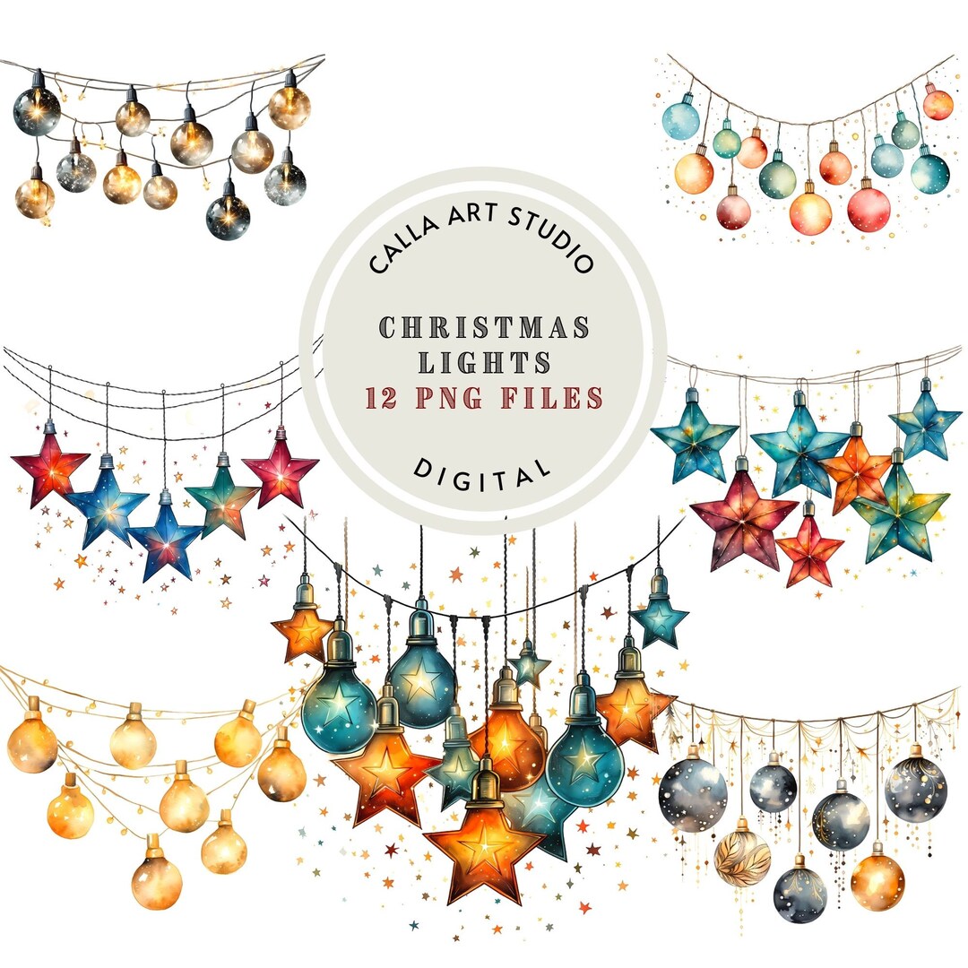 Watercolor Christmas Lights Clipart, Garland Christmas PNG for Holiday ...