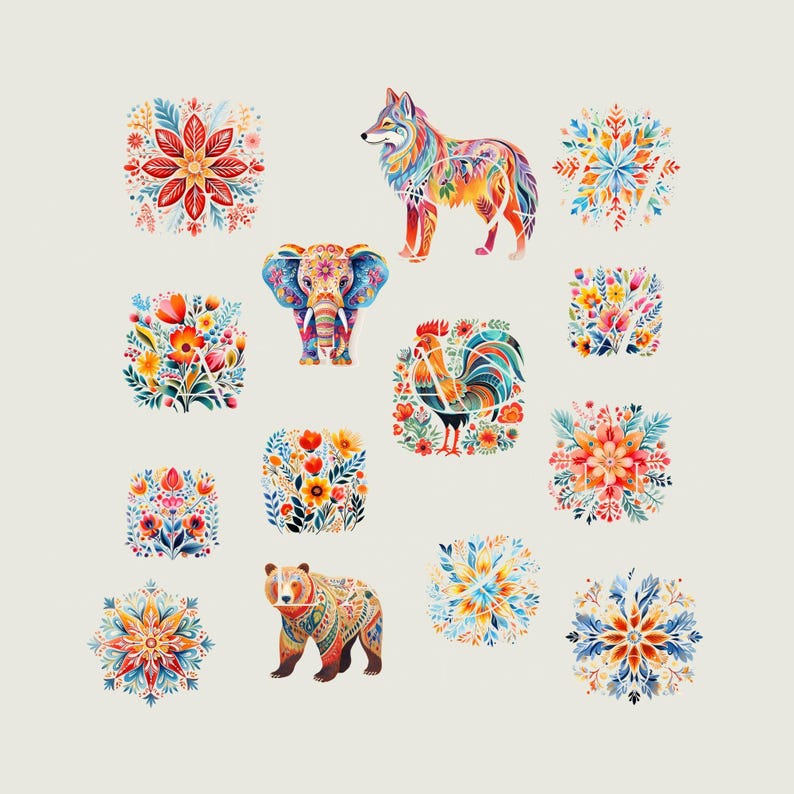Gouache Folk Clipart Bundle, Rustic Animal Clipart, Bohemian Floral ...