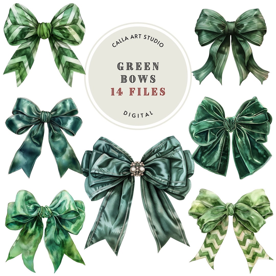 Green Bow Watercolor Clipart, Bow Illustration, Printable Graphics, Bow ...