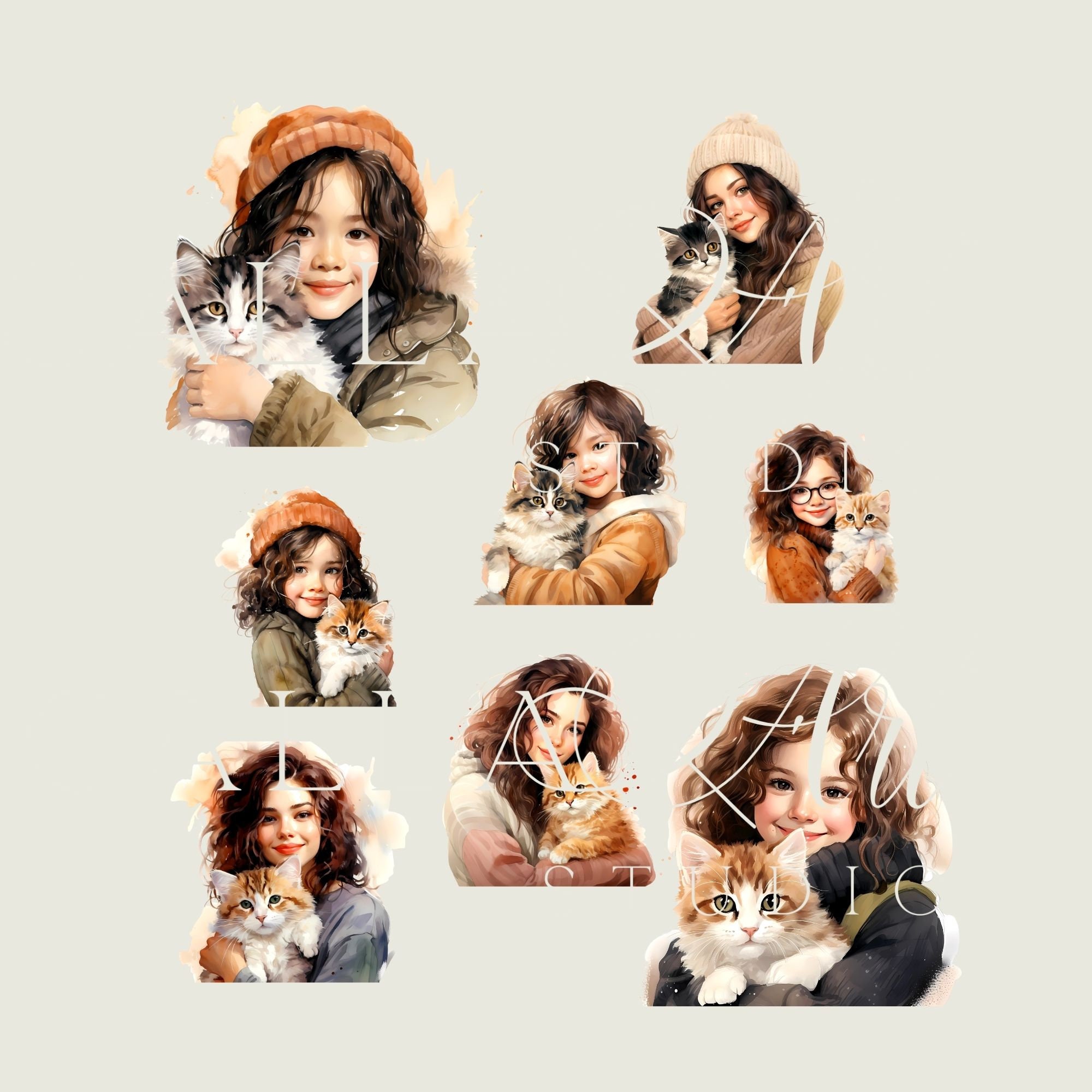 Watercolor Girls With Cats Clipart Bundle, Cat Lover Illustrations ...