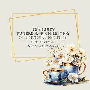 Watercolor Tea Party Clipart Bundle, Blue Florals Clip Art, Birthday ...