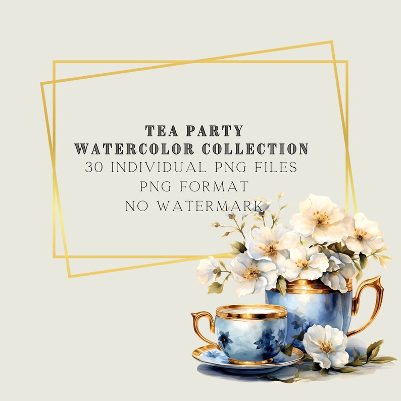 Watercolor Tea Party Clipart Bundle, Blue Florals Clip Art, Birthday ...