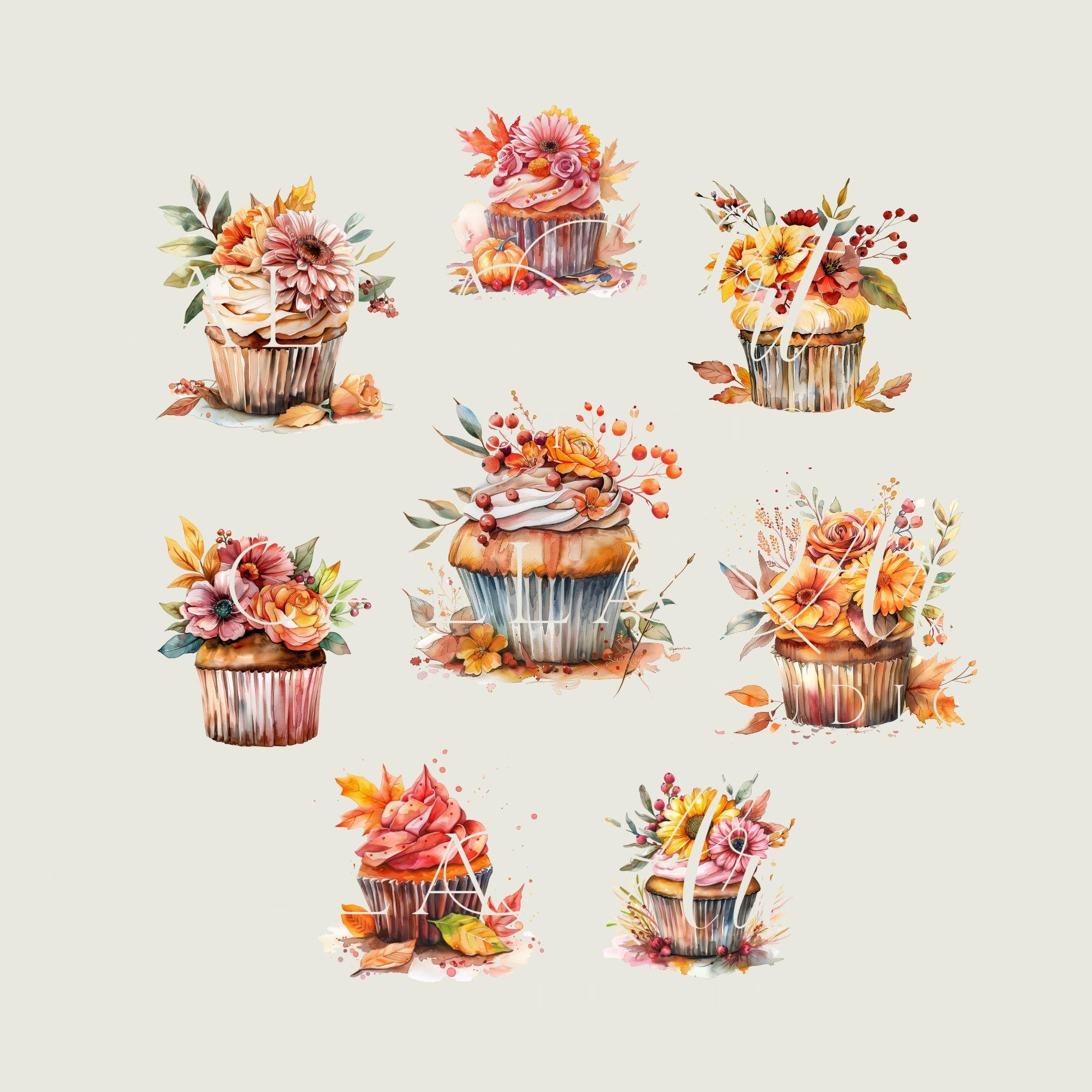 Fall Cupcakes Clipart, Floral Cupcakes, Autumn Clipart, Bakery Clipart ...