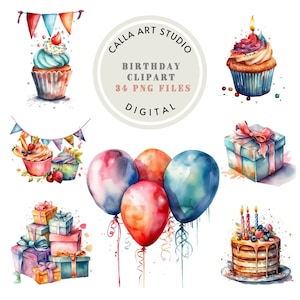 Watercolor Birthday Clipart Bundle Birthday Balloons Clipart Birthday ...