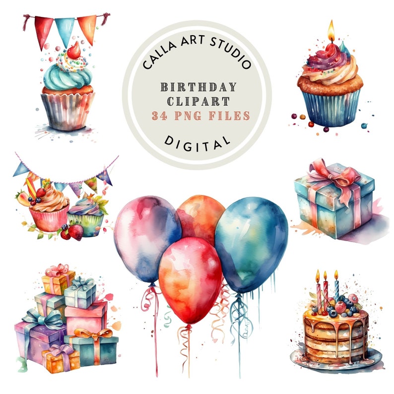 Watercolor Birthday Clipart Bundle Birthday Balloons Clipart Birthday ...