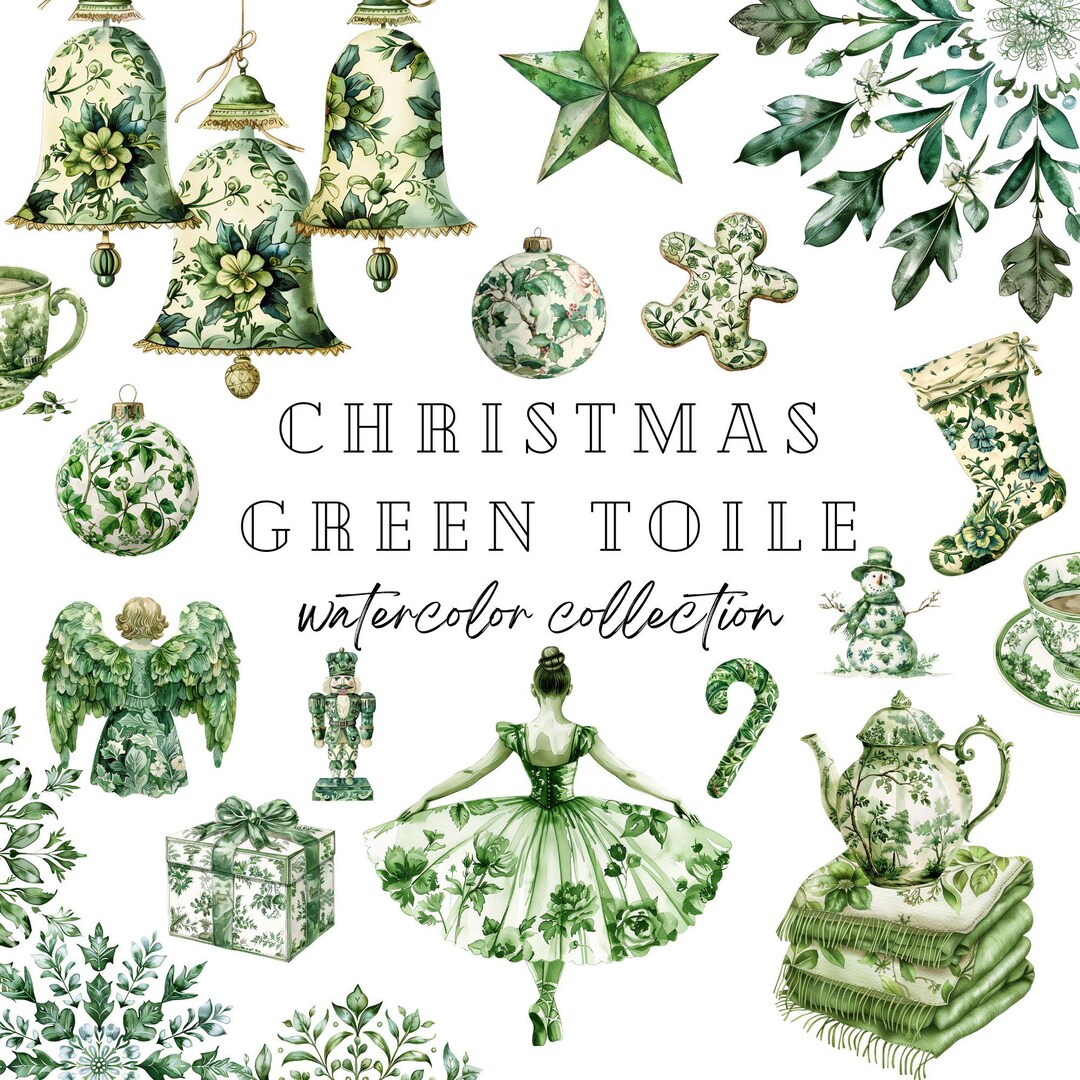 Christmas Toile Clipart Holiday, Green Festive Clipart, Chinoiserie PNG ...